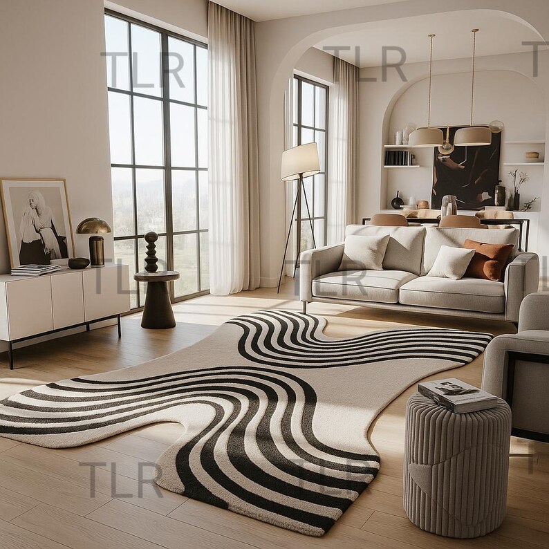 Hand-tufted Wool Rug: Black & White Abstract Wave Design - Etsy