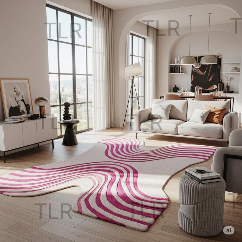 Hand-tufted Wool Rug: Black & White Abstract Wave Design - Etsy