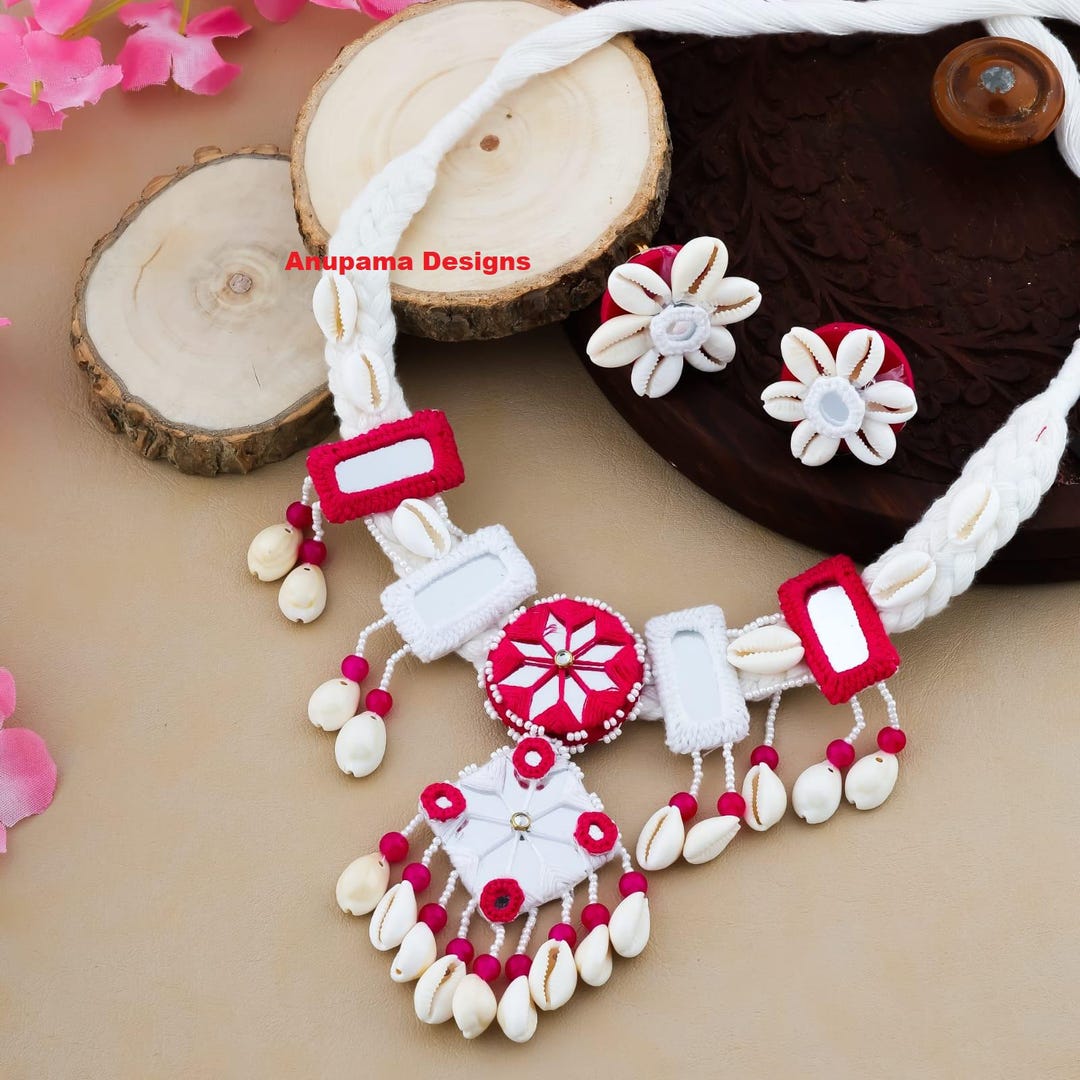 Mirror Work & Shell Jewelry Set for Wedding- Choker Necklaces, Earrings ...