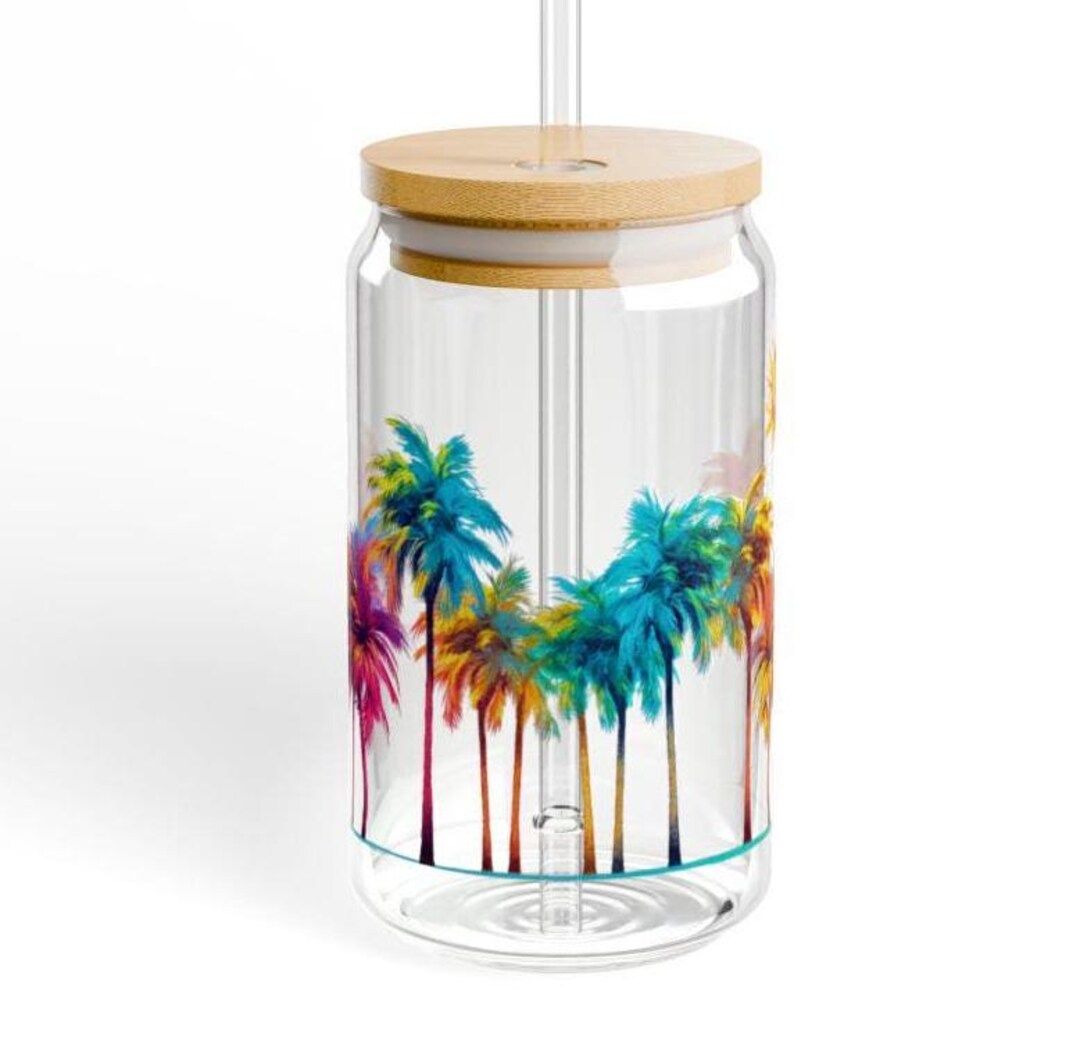 Multi Colored Palm Trees Iced Coffee Cup Custom Glass Coffee Cup With ...