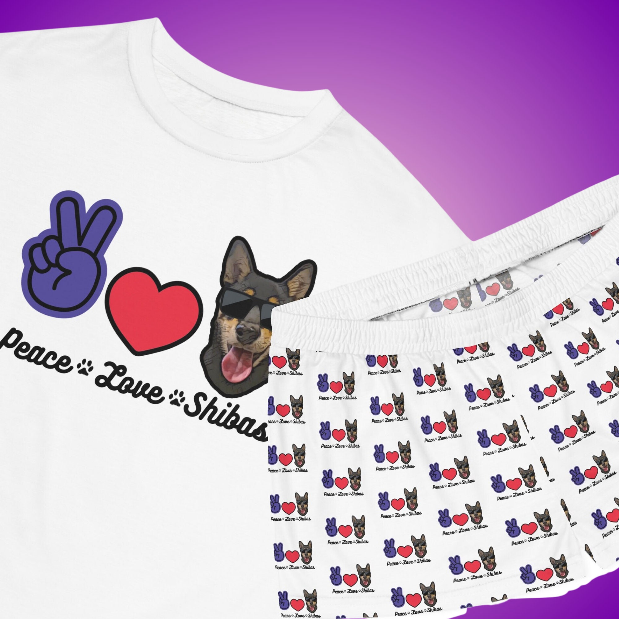 Peace Love Shibas Black & Tan Shiba Inu Women's Short Pajama Set Shiba Inu PJ Set Black and Tan ...