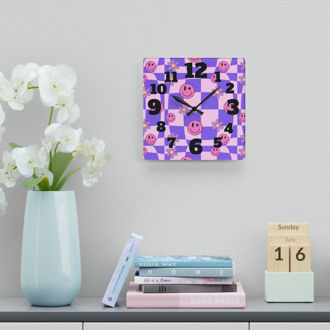 Pink & Purple Retro Vibes Acrylic Square Wall Clock Trippy Wavy ...