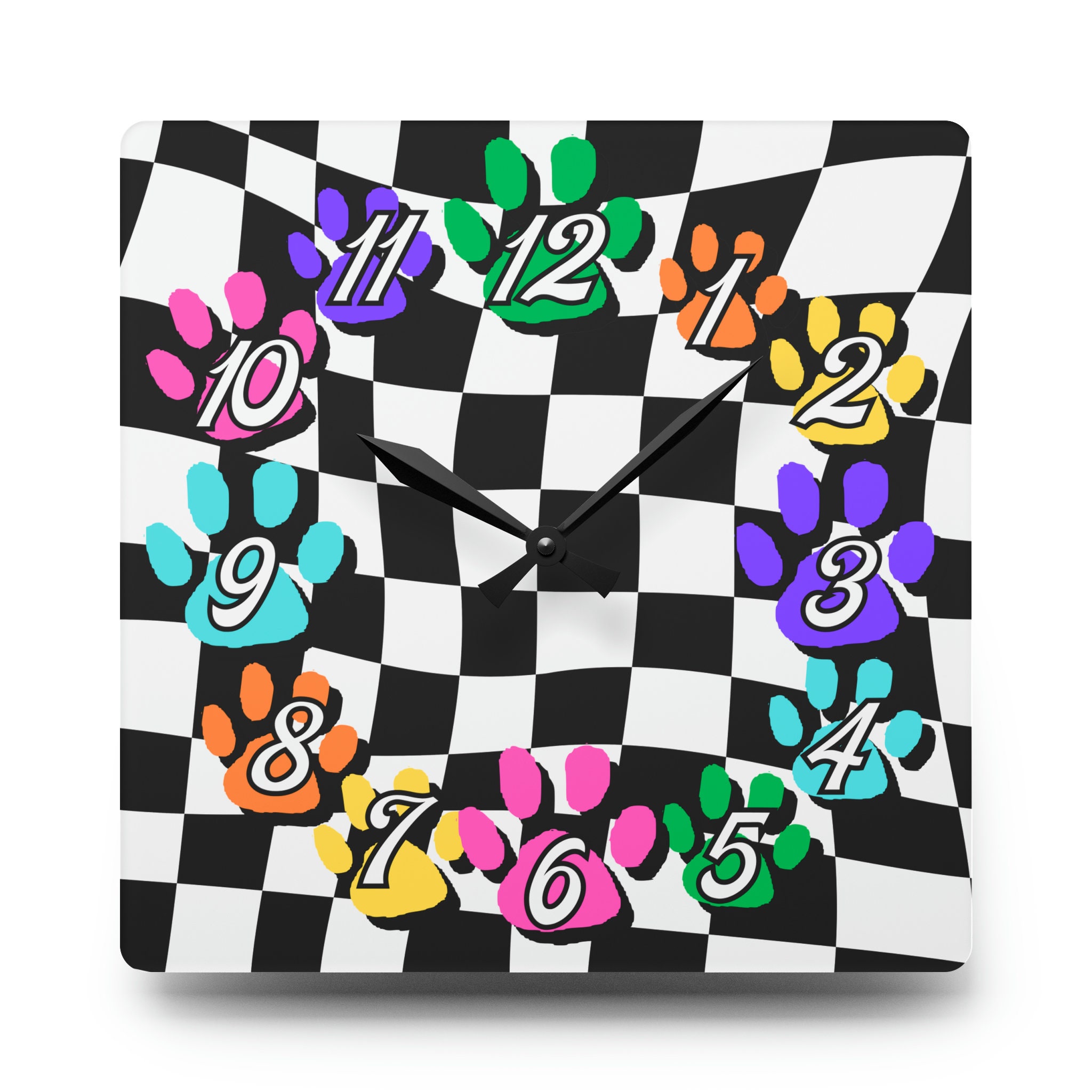 Black and White Retro Vibes Pawprints Acrylic Square Wall Clock Trippy ...