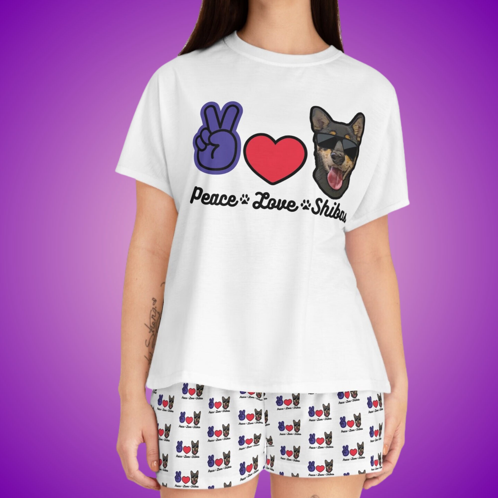 Peace Love Shibas Black & Tan Shiba Inu Women's Short Pajama Set Shiba Inu PJ Set Black and Tan ...