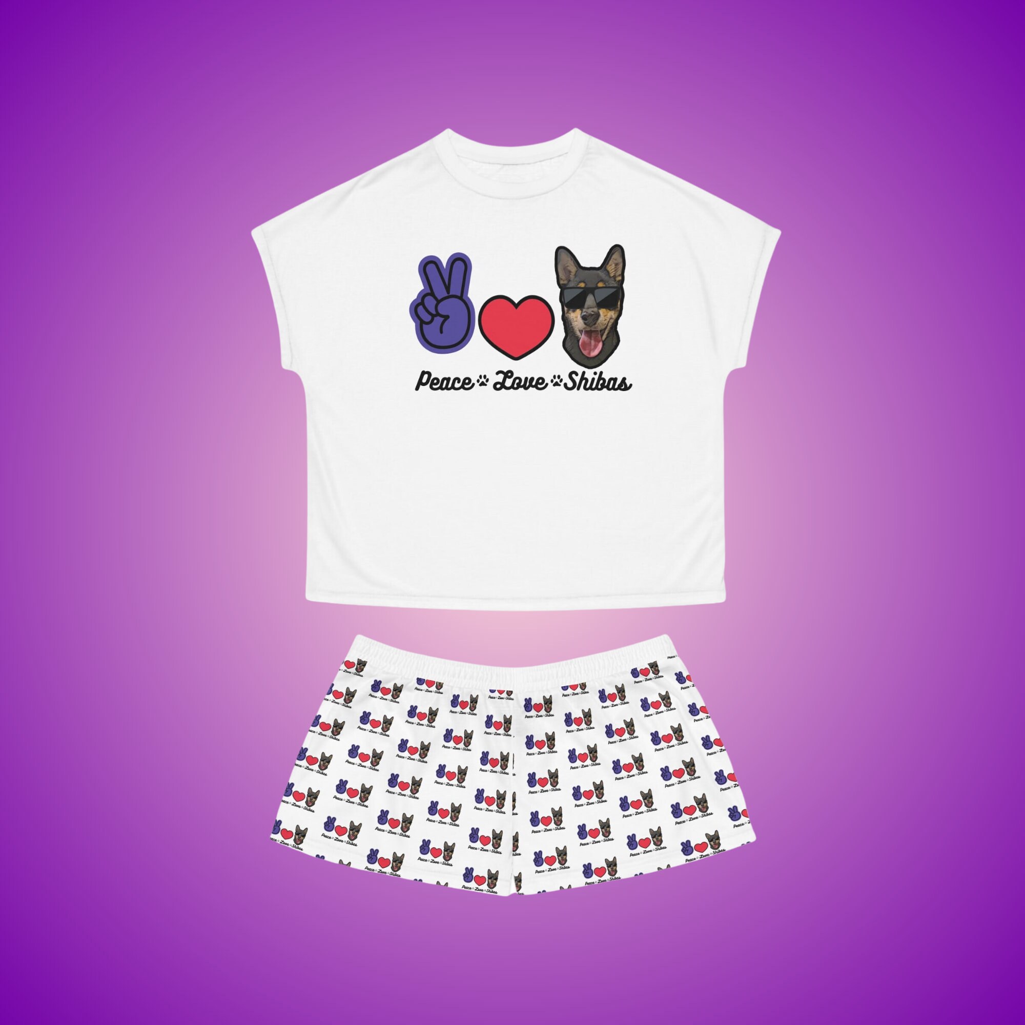 Peace Love Shibas Black & Tan Shiba Inu Women's Short Pajama Set Shiba Inu PJ Set Black and Tan ...