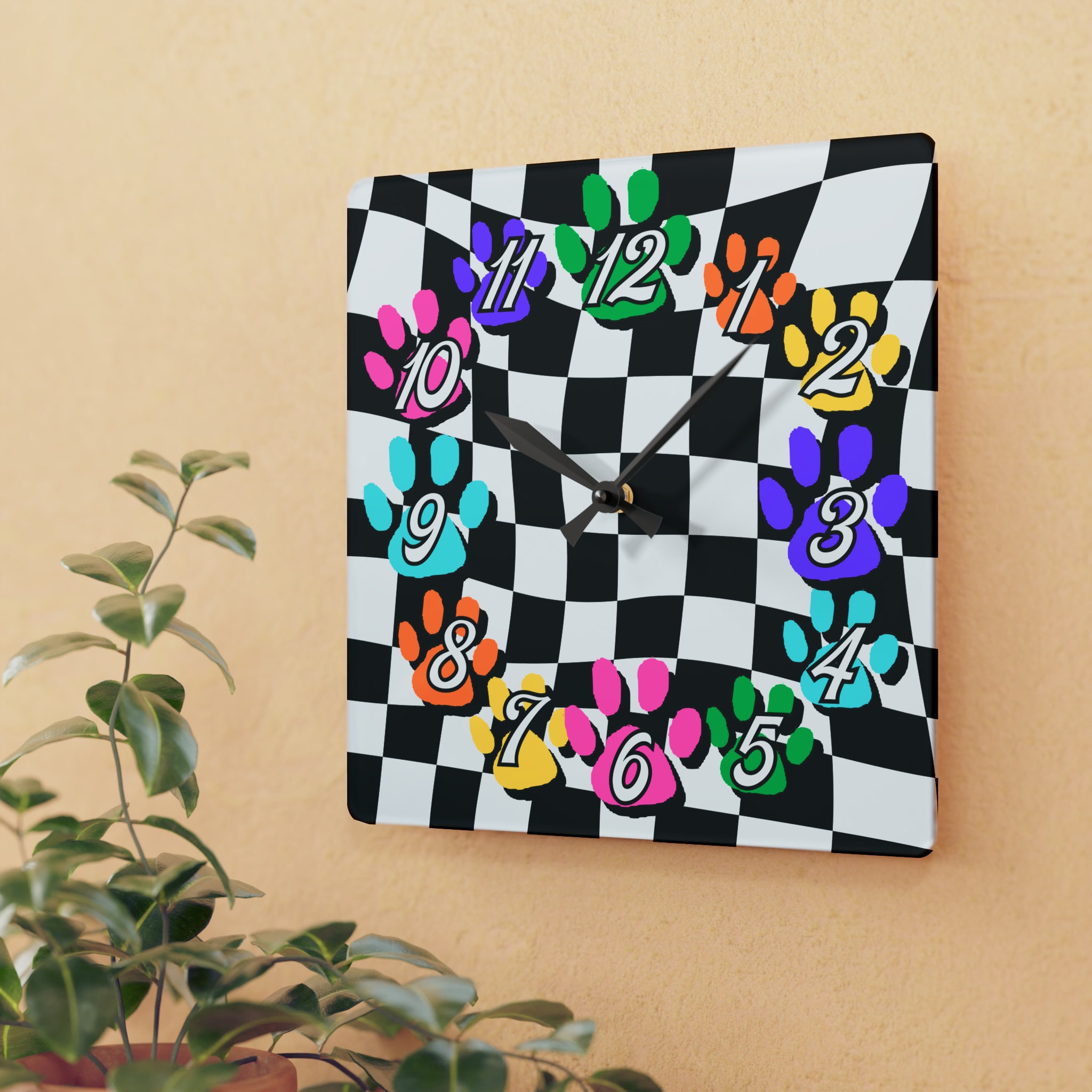 Black and White Retro Vibes Pawprints Acrylic Square Wall Clock Trippy Wavy Checkerboard ...