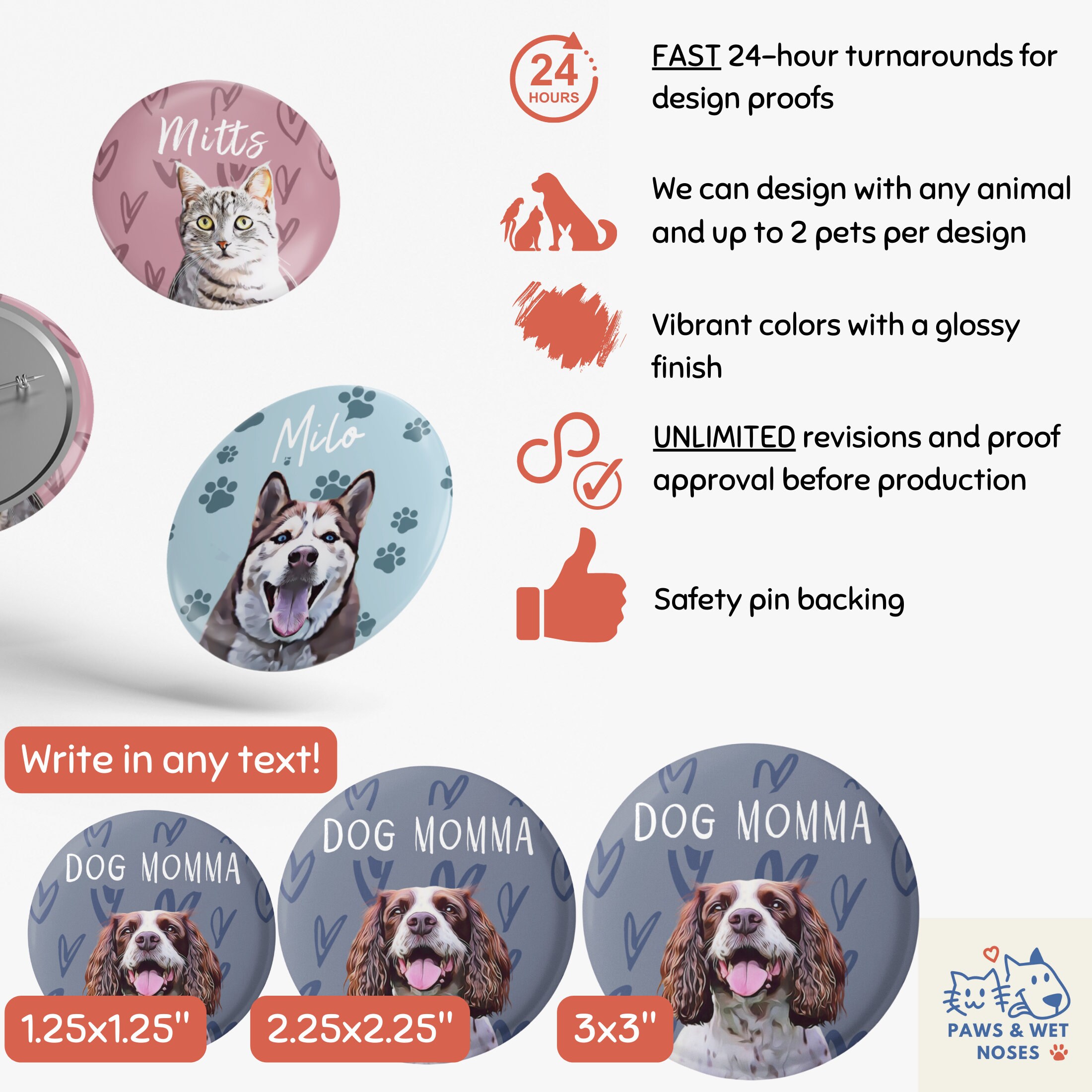 Custom Pin Using Pet Photo + Name Dog Personalized Pinback Buttons Cat ...