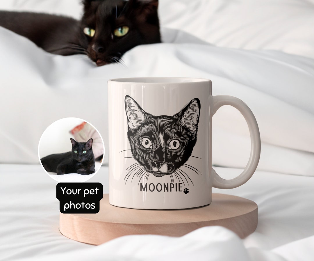 Custom Pet Coffee Mug Using Pet Photo Hand Drawn Black and White Cat ...