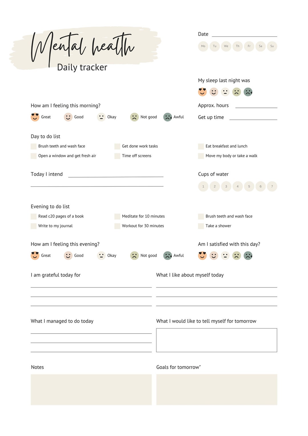 Printable Mental Health Daily Tracker - Etsy Printable Mental Health Daily Tracker - Etsy