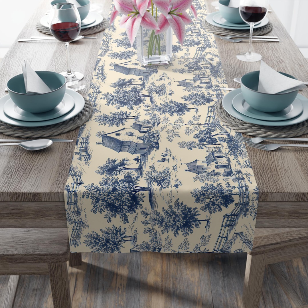 Toile De Jouy Vintage Blue and White Table Runner (cotton, Poly) - Etsy