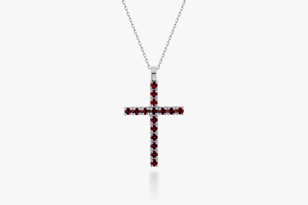 14K Solid Gold Ruby Red Color Cross Necklace for Women, Red Color Cross ...