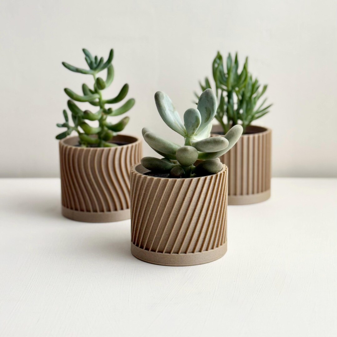 Set of 3 Stylish Wooden-textured Plant Pots | Modern Succulent Planters ...