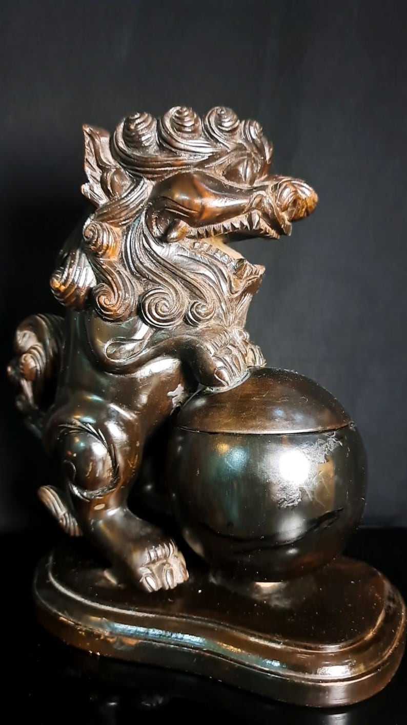 7,48 Inch Large Japanese Wooden Shi-shi Dog Statue - Okinawa Buddhist ...