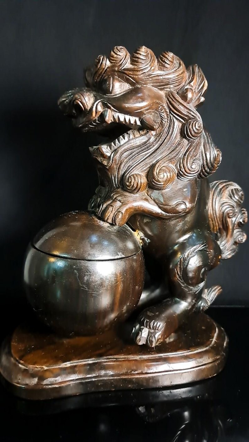 7,48 Inch Large Japanese Wooden Shi-shi Dog Statue - Okinawa Buddhist ...