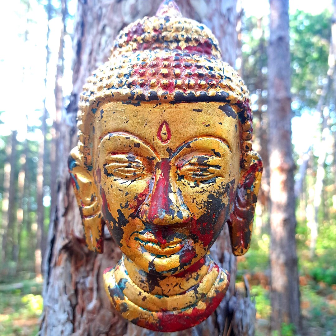 Vintage Buddha Face Mask Hand Carved Metal Wall Sculpture 8,26 Inch ...