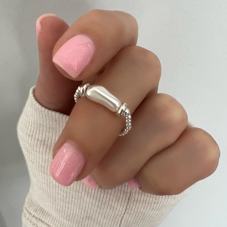 Handmade Sterling Silver Stretchy Ring: White Baroque Pearl Beaded ...