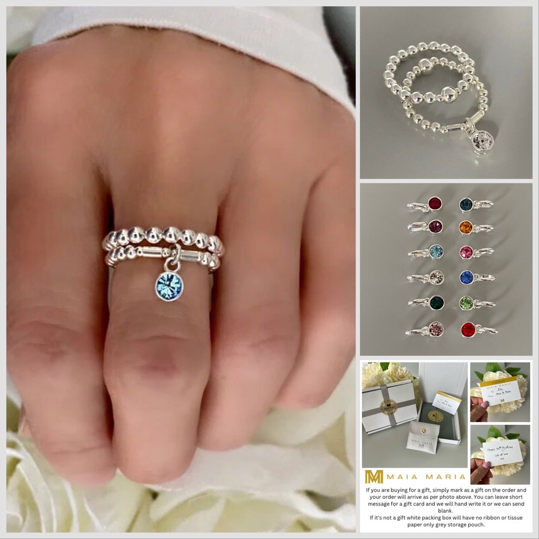 Birthstone Charm Sterling Silver Ring Stack, Personalized Ring ...