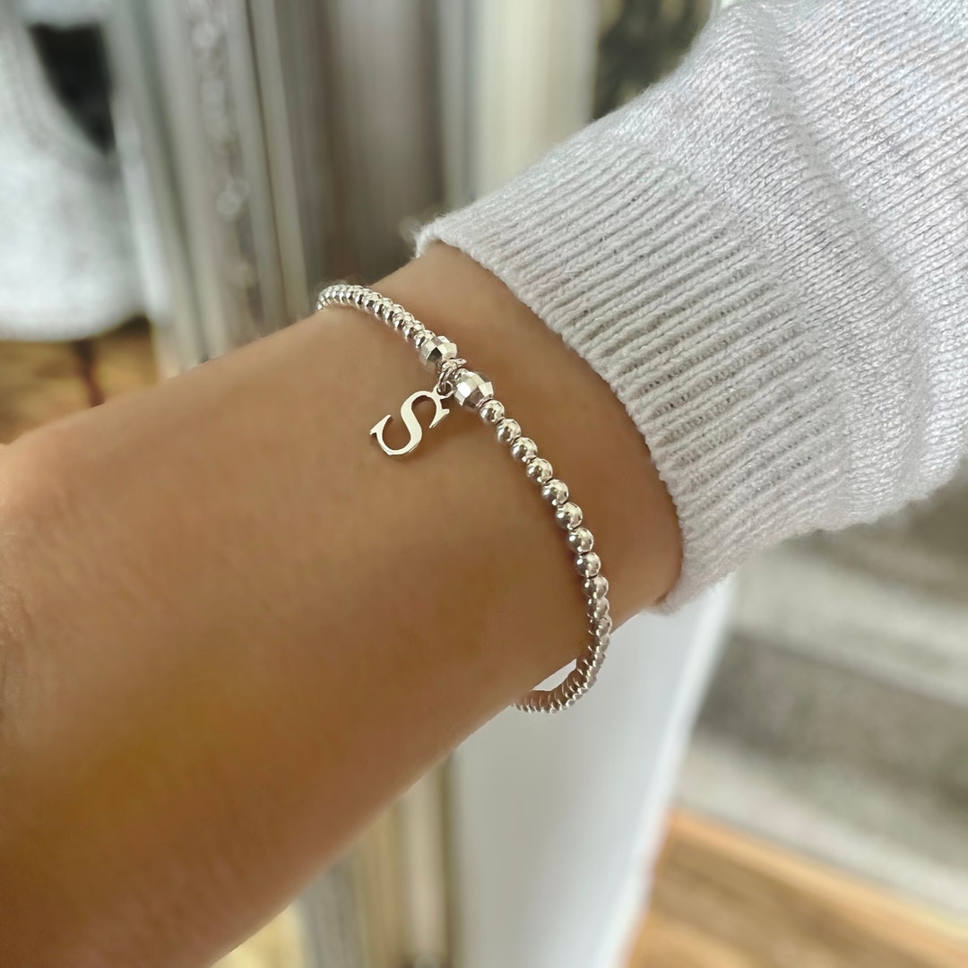 Handmade Beaded Sterling Silver Initial Bracelet, Stretchy Bracelet ...