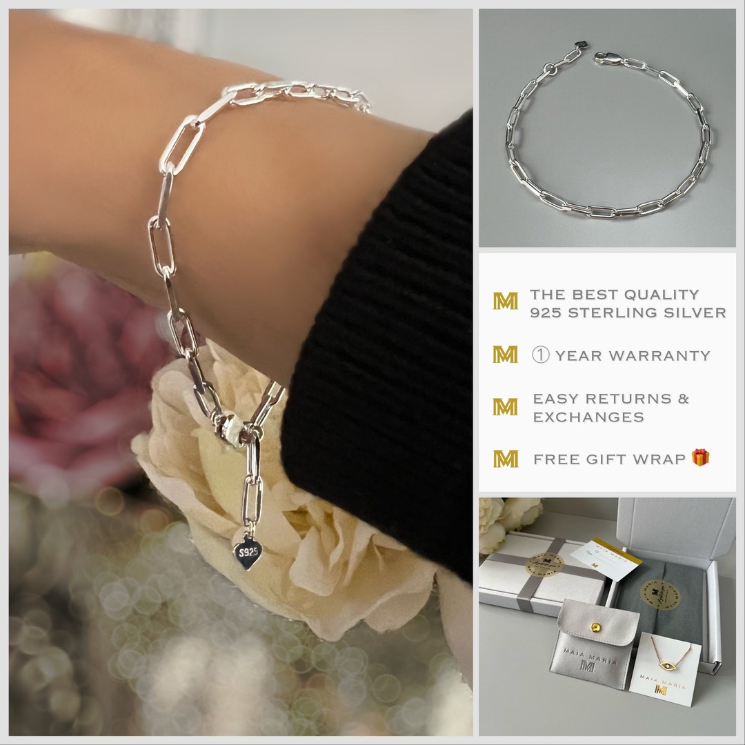 Sterling Silver Square Link Bracelet, Paperclip Chain Bracelet, Cable ...