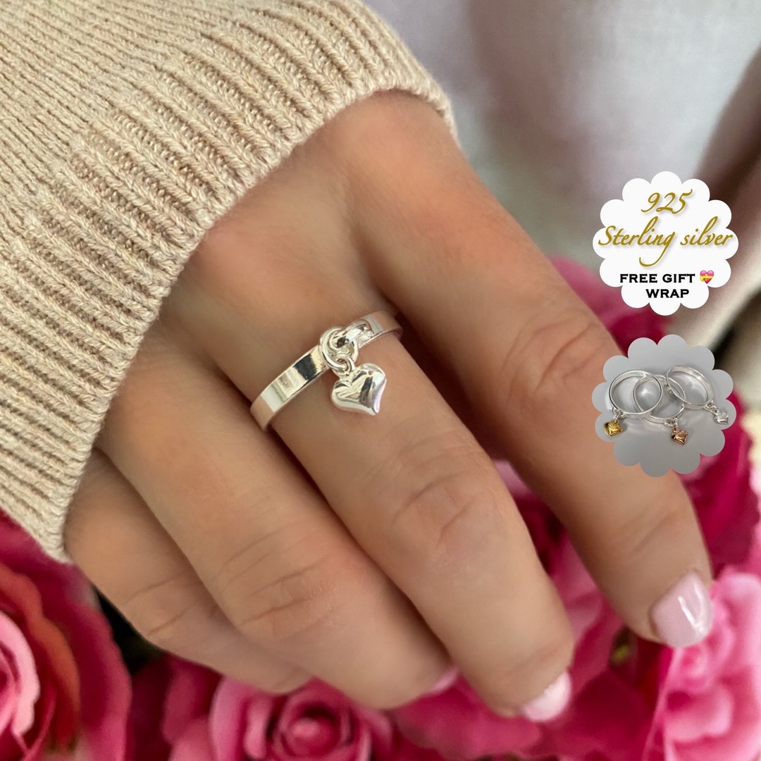 Sterling Silver Heart Charm Ring, Silver Band Ring, Minimalist Ring ...