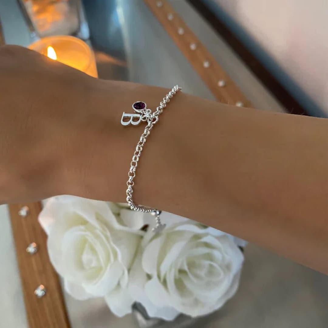 Birthstone and Initial Sterling Silver Bracelet, Personalised Jewellery, Monogram Bracelet,18th ...