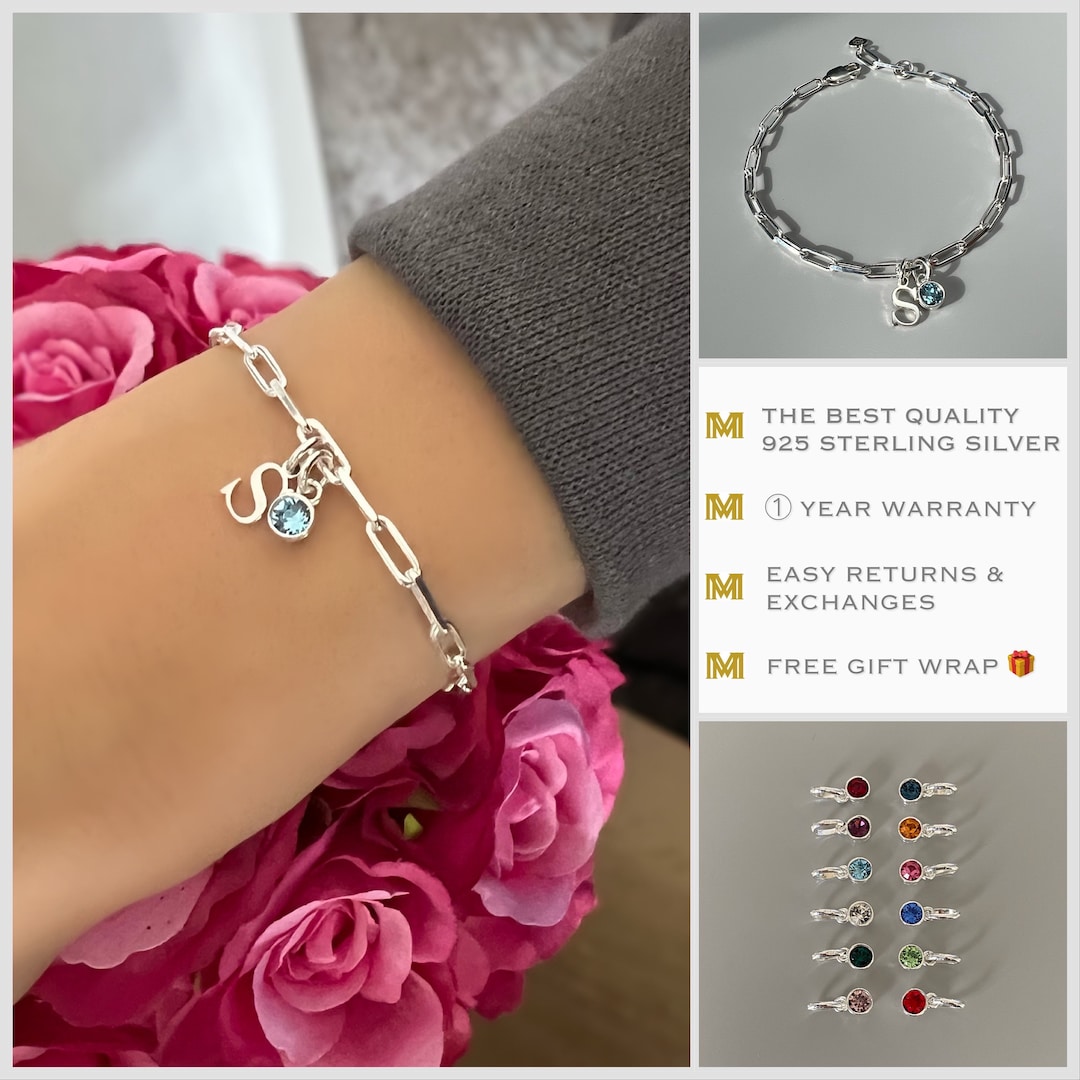 Birthstone and Initial Sterling Silver Bracelet, Personalised Jewellery ...