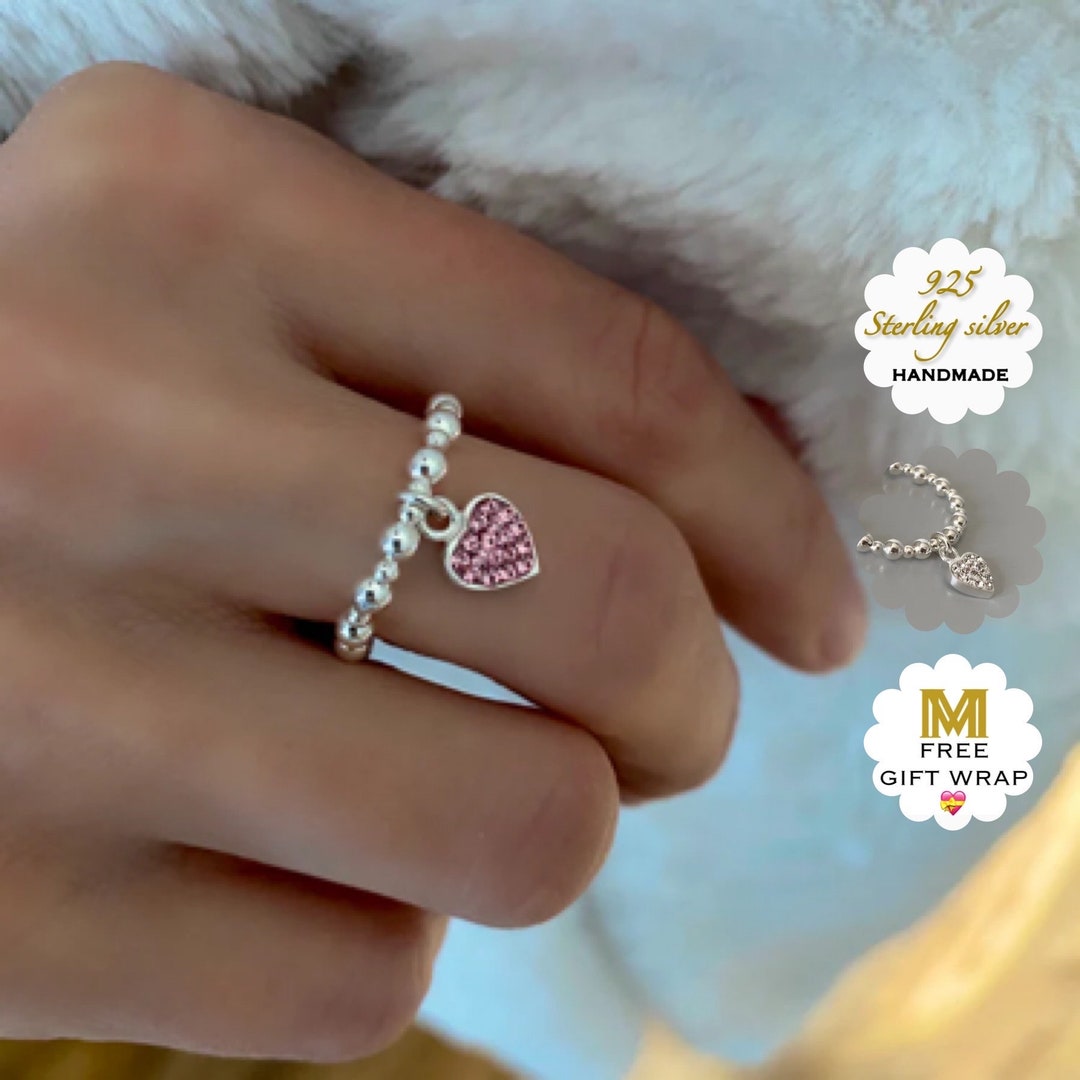 Heart Charm Ring Crystal Heart Ring Beaded Ring Handmade - Etsy UK