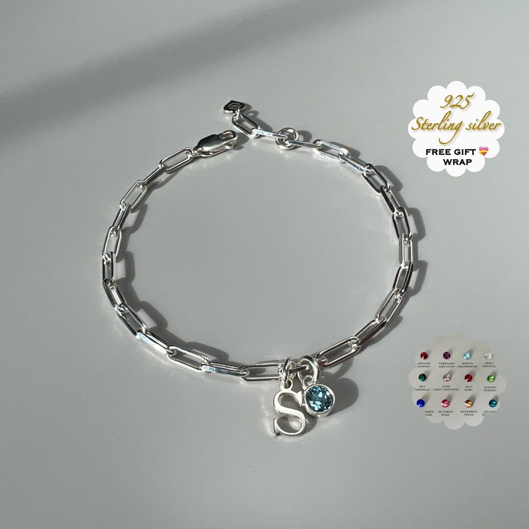 Birthstone and Initial Bracelet, Custom Letter Bracelet, Personalised ...