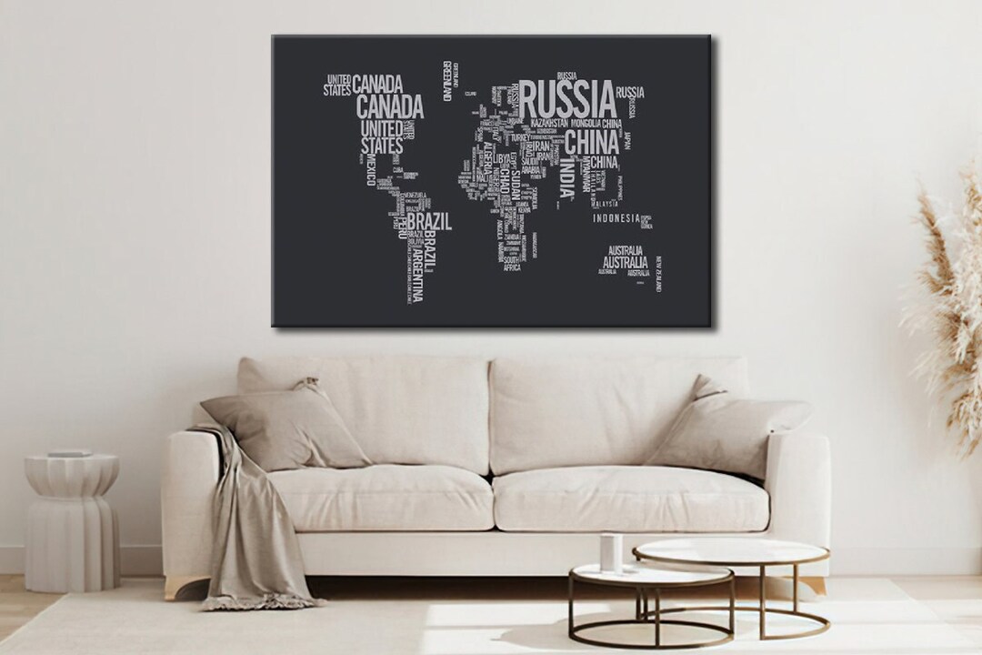 World Map Wall Art, Writen World Map Canvas Art, World Map Home Decor ...