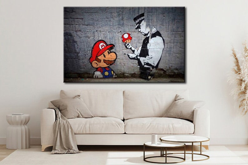Banksy Mario and Cop Wall Art, Mario and Cop Canvas Art, Banksy Home ...