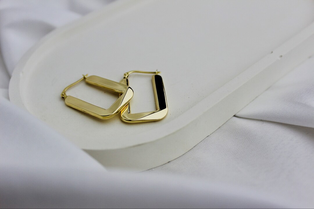 14k Yellow Gold Rectangular Hoop Earrings: Solid Gold Huggies - Etsy