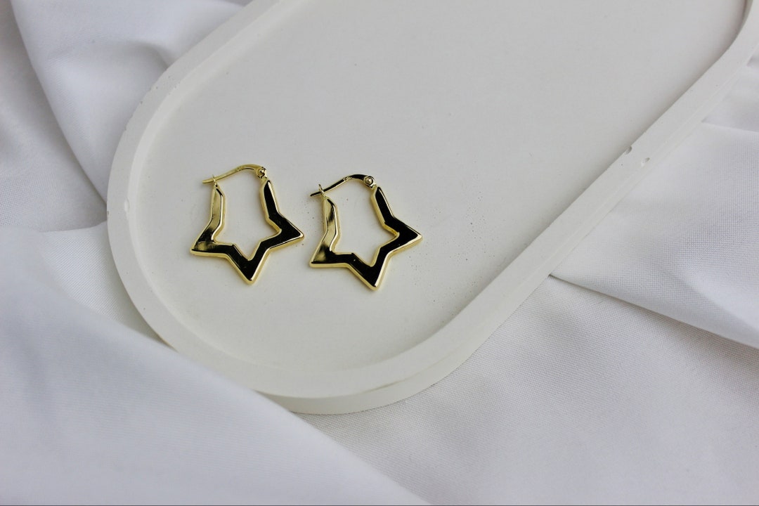 14K Solid Gold Star Earrings - Star Hoop Earrings - 14K Real Gold ...