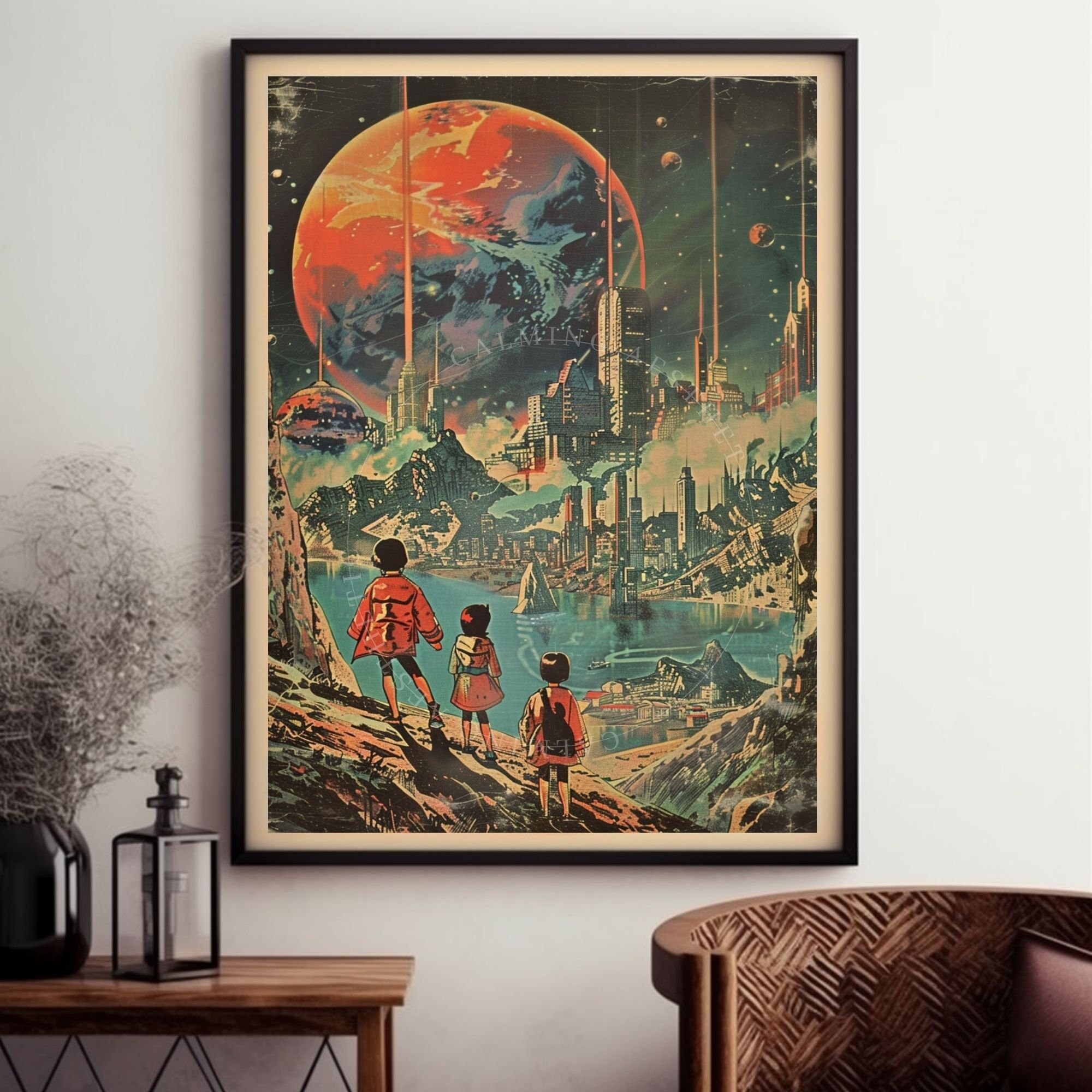 Digital Download Retro Futuristic Children Exploring Sci-fi City Wall ...