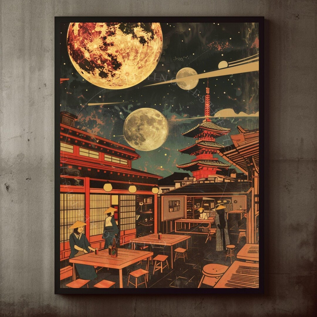 Poster Japanese Pagoda Cosmic Kyoto Wall Art Print, Retro Sci-fi Wall ...