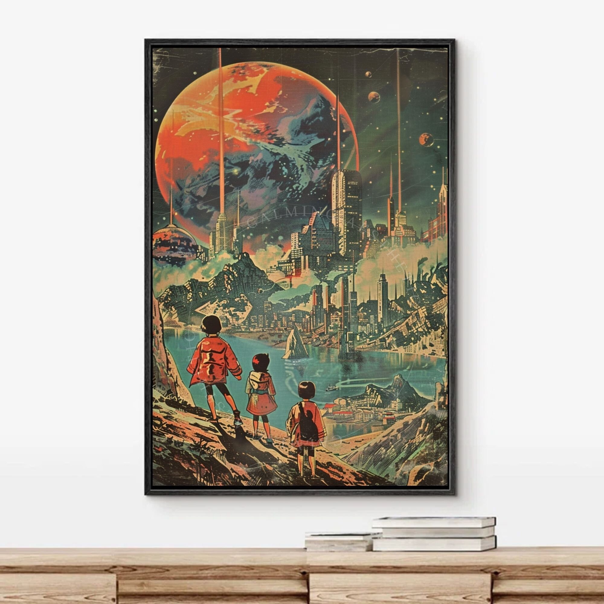 Digital Download Retro Futuristic Children Exploring Sci-fi City Wall ...