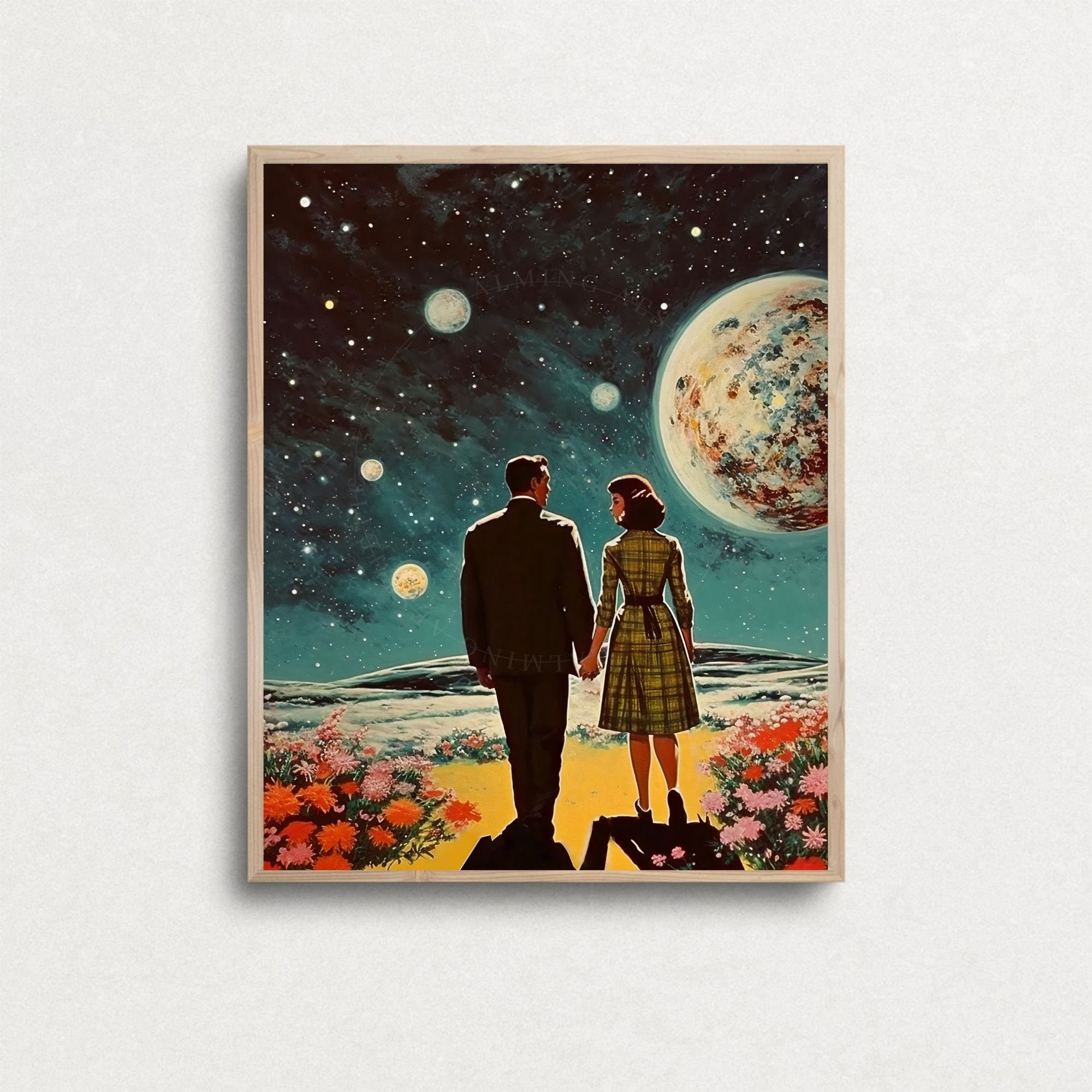 Poster Retro Futuristic Couple Romantic Space Walk Art Print, Retro ...