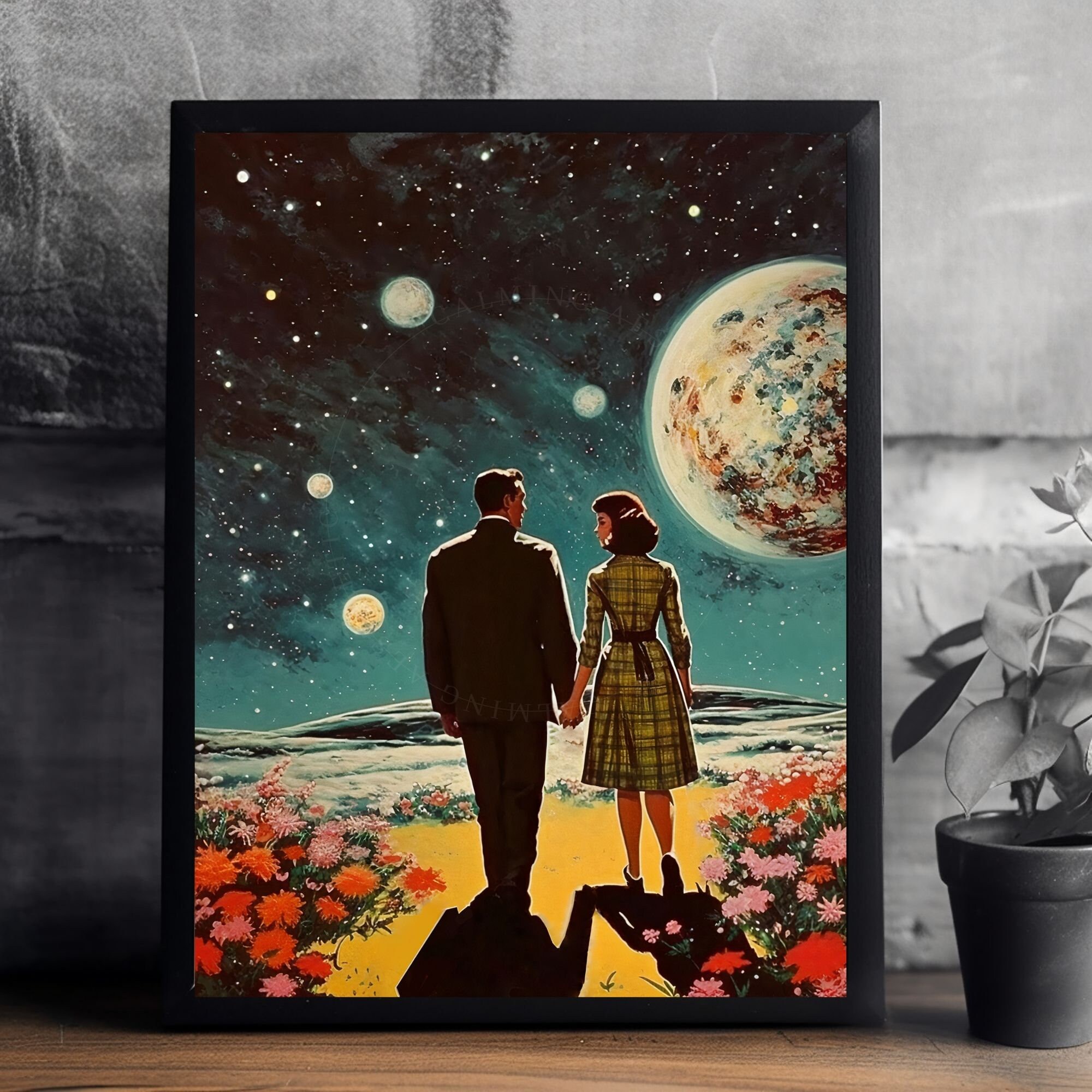 Poster Retro Futuristic Couple Romantic Space Walk Art Print, Retro ...