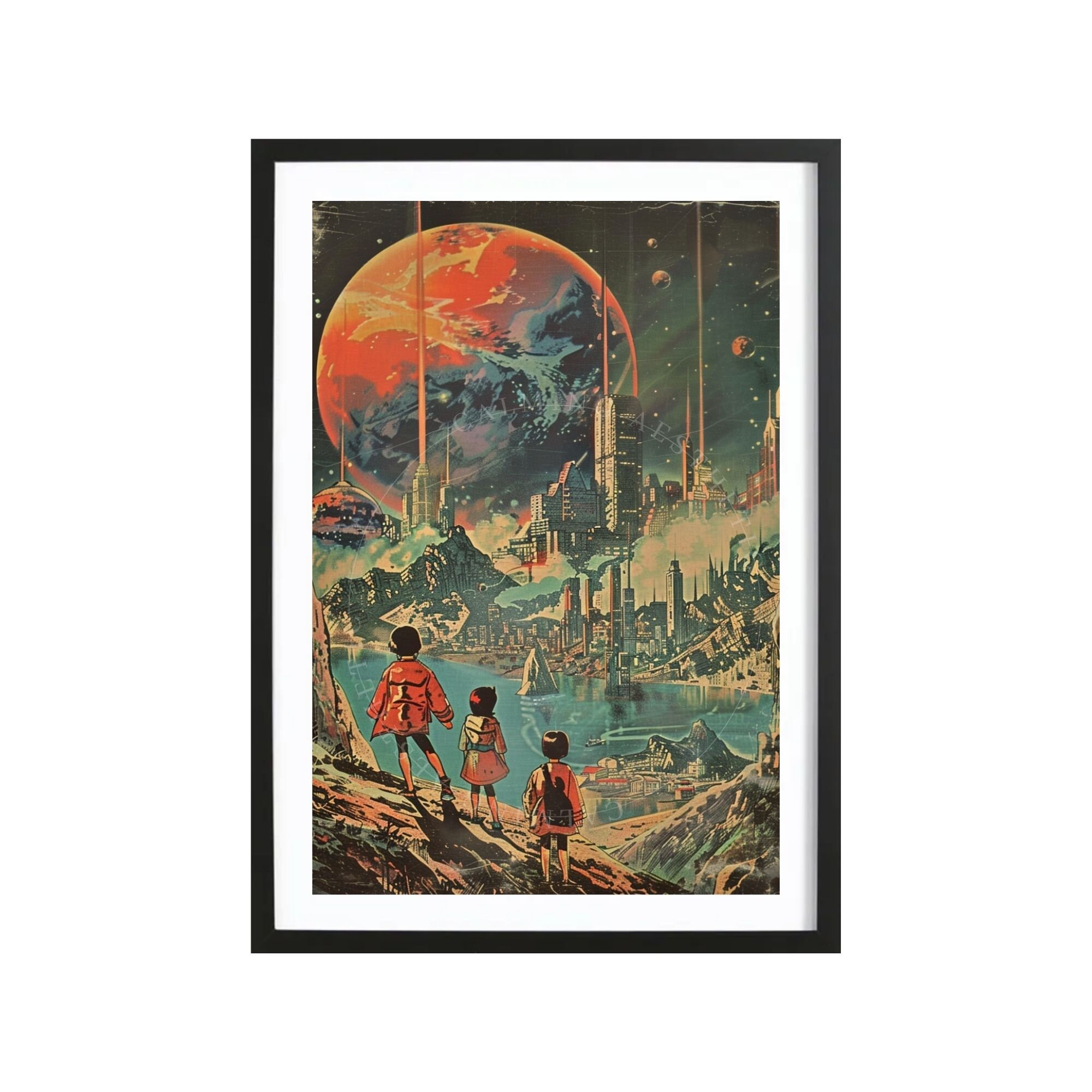 Digital Download Retro Futuristic Children Exploring Sci-fi City Wall ...