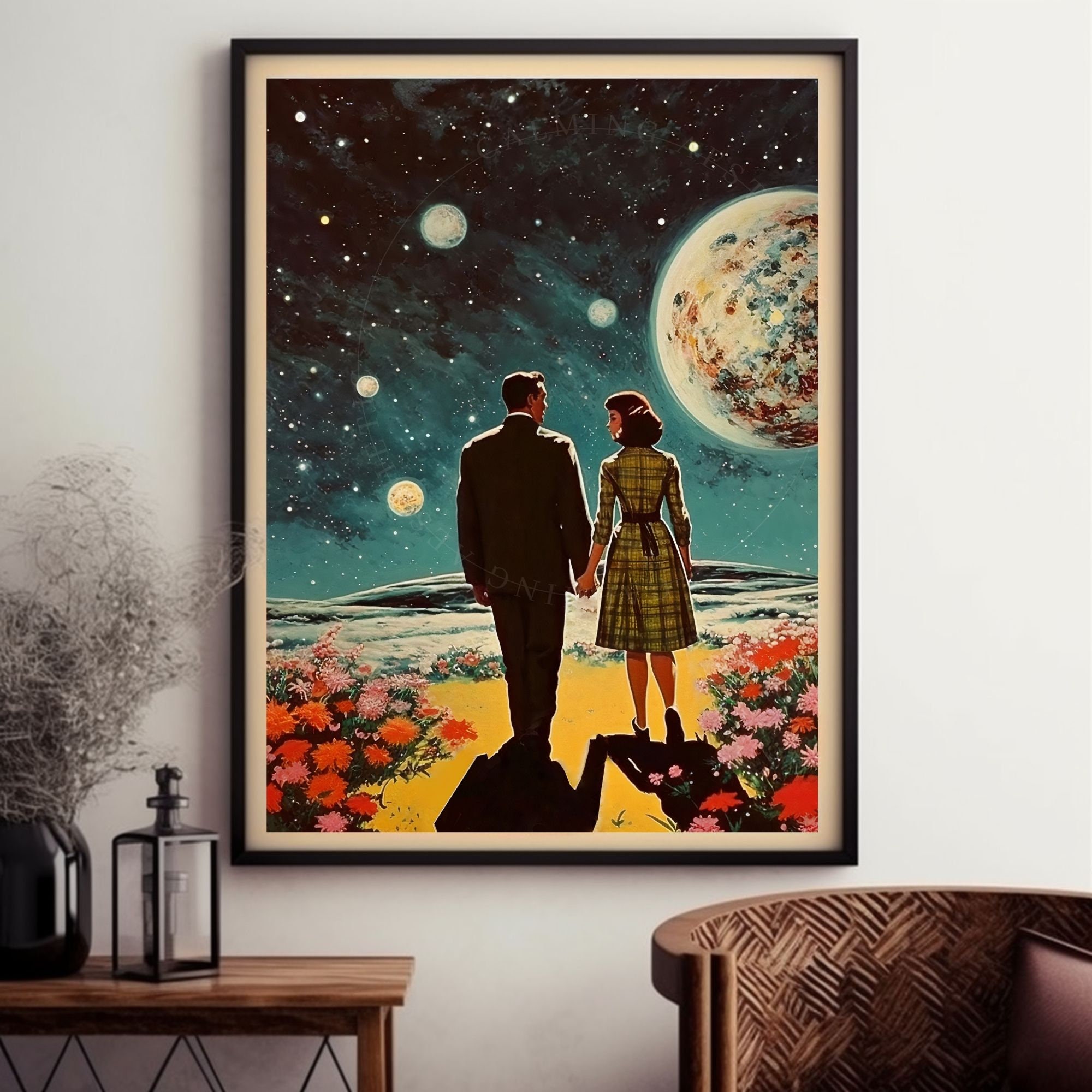 Digital Download Retro Futuristic Couple Romantic Space Walk Art Print ...