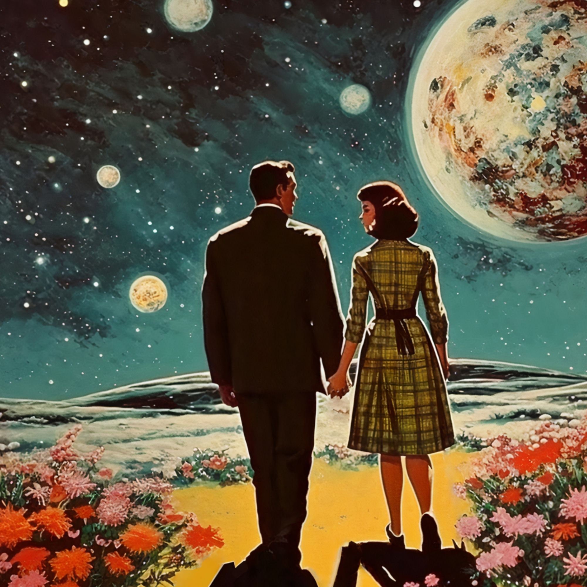 Poster Retro Futuristic Couple Romantic Space Walk Art Print, Retro ...