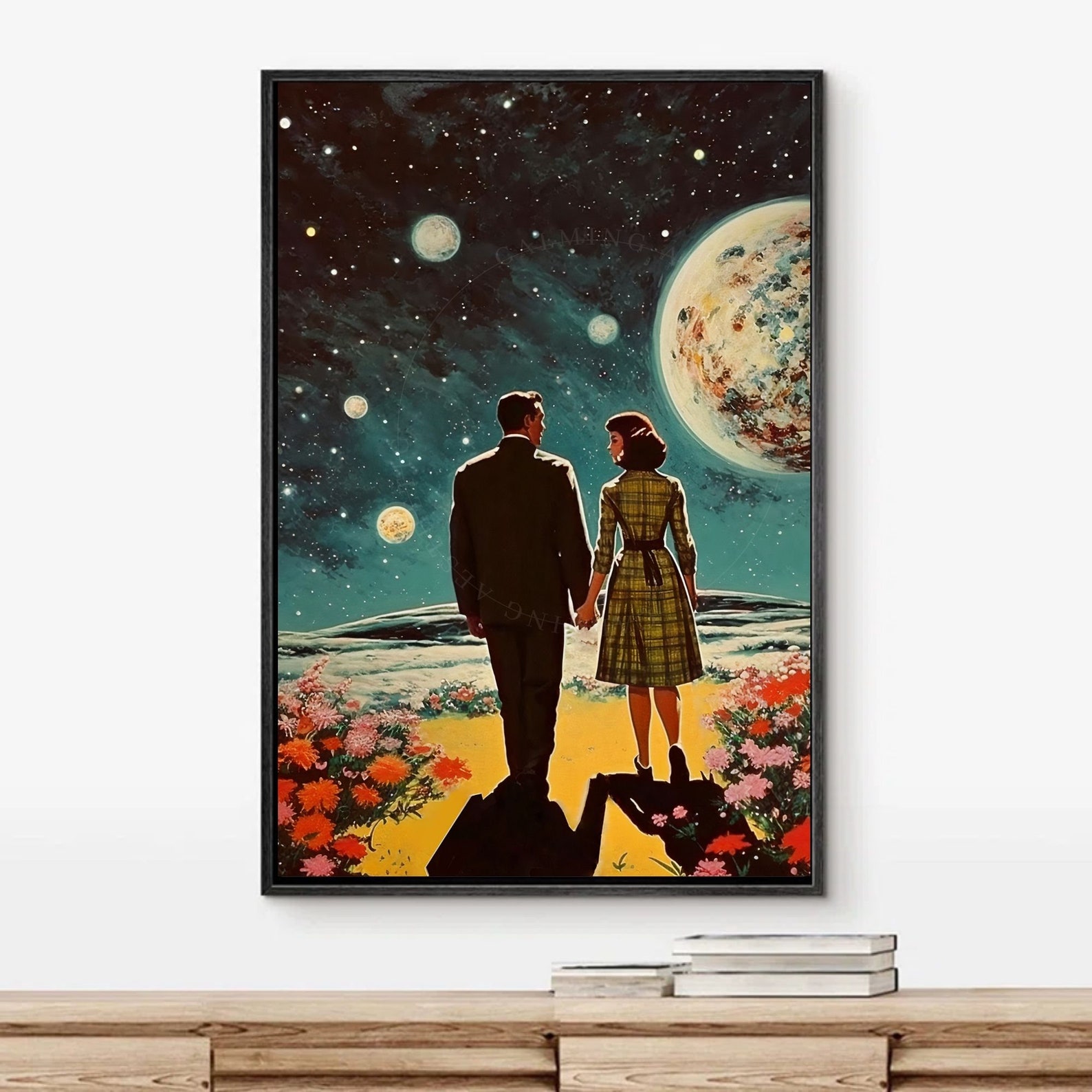 Poster Retro Futuristic Couple Romantic Space Walk Art Print, Retro ...