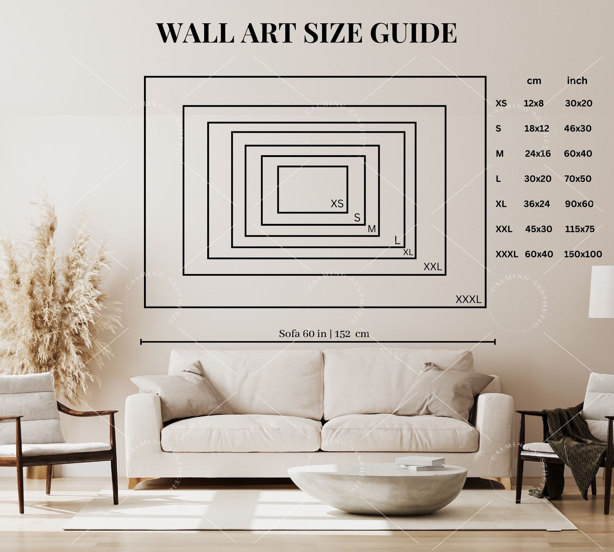 Horizontale Größenanleitung Wandkunst-Größentabelle - Etsy.de