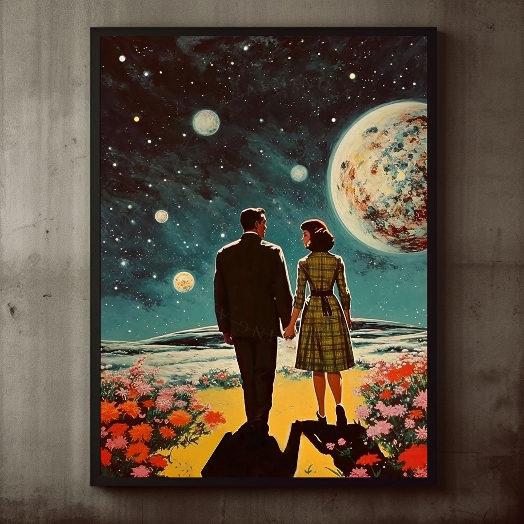 Poster Retro Futuristic Couple Romantic Space Walk Art Print, Retro ...