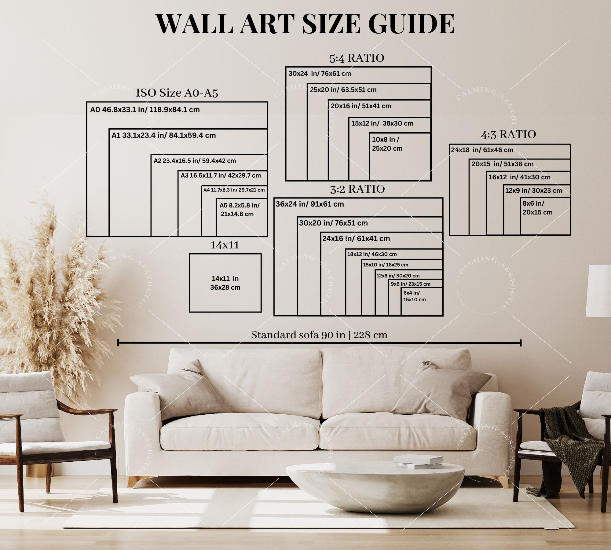 Wall Art Size Guide Set of 7, Frame Size Guide, Print Size Guide, Poster Size Chart, Frame ...
