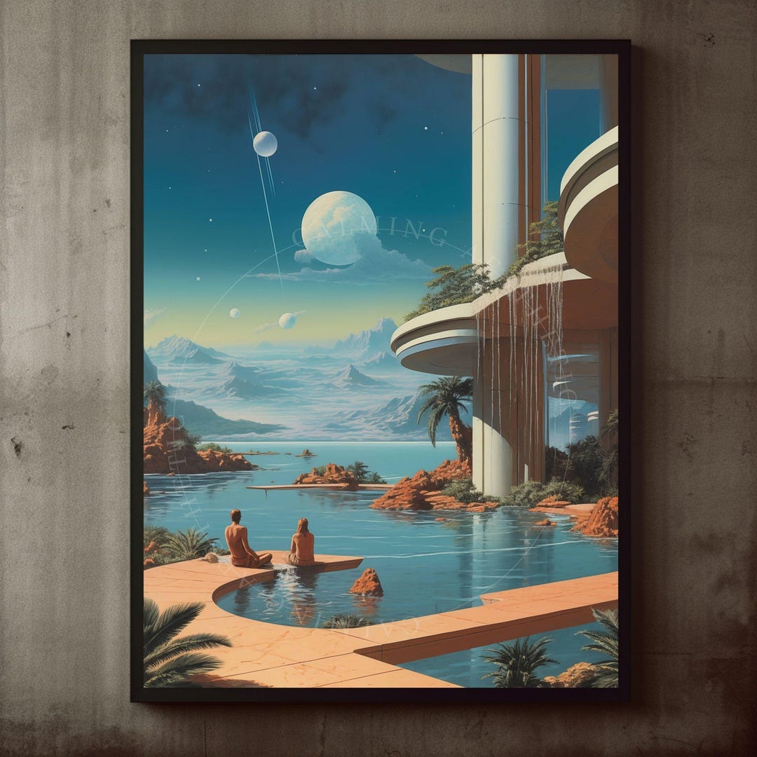 Poster Retro Futuristic Utopian Pool Terrace Wall Art Print, Retro Sci ...