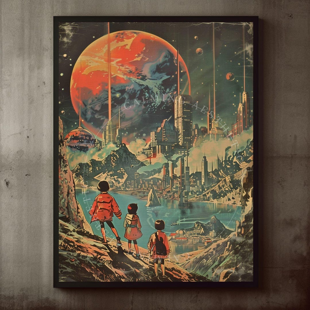 Poster Retro Futuristic Children Exploring Sci-fi City Wall Art Print ...