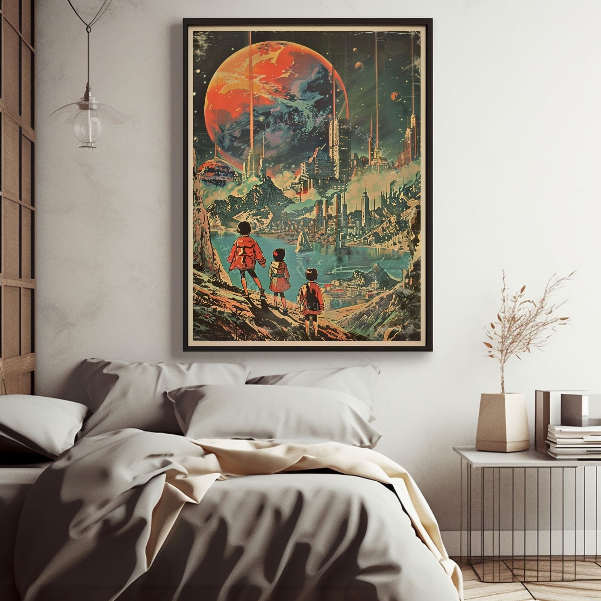 Digital Download Retro Futuristic Children Exploring Sci-fi City Wall ...