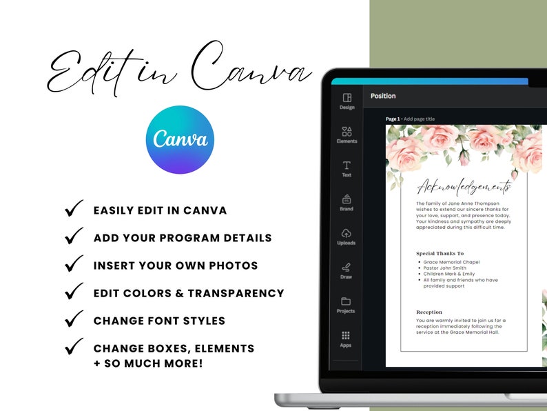 Editable Blush Floral Funeral Program Canva Template, Celebrating the ...