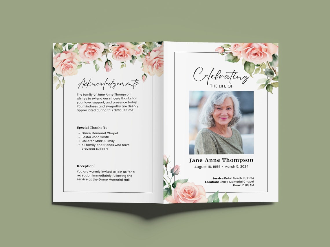 Editable Blush Floral Funeral Program Canva Template, Celebrating the ...