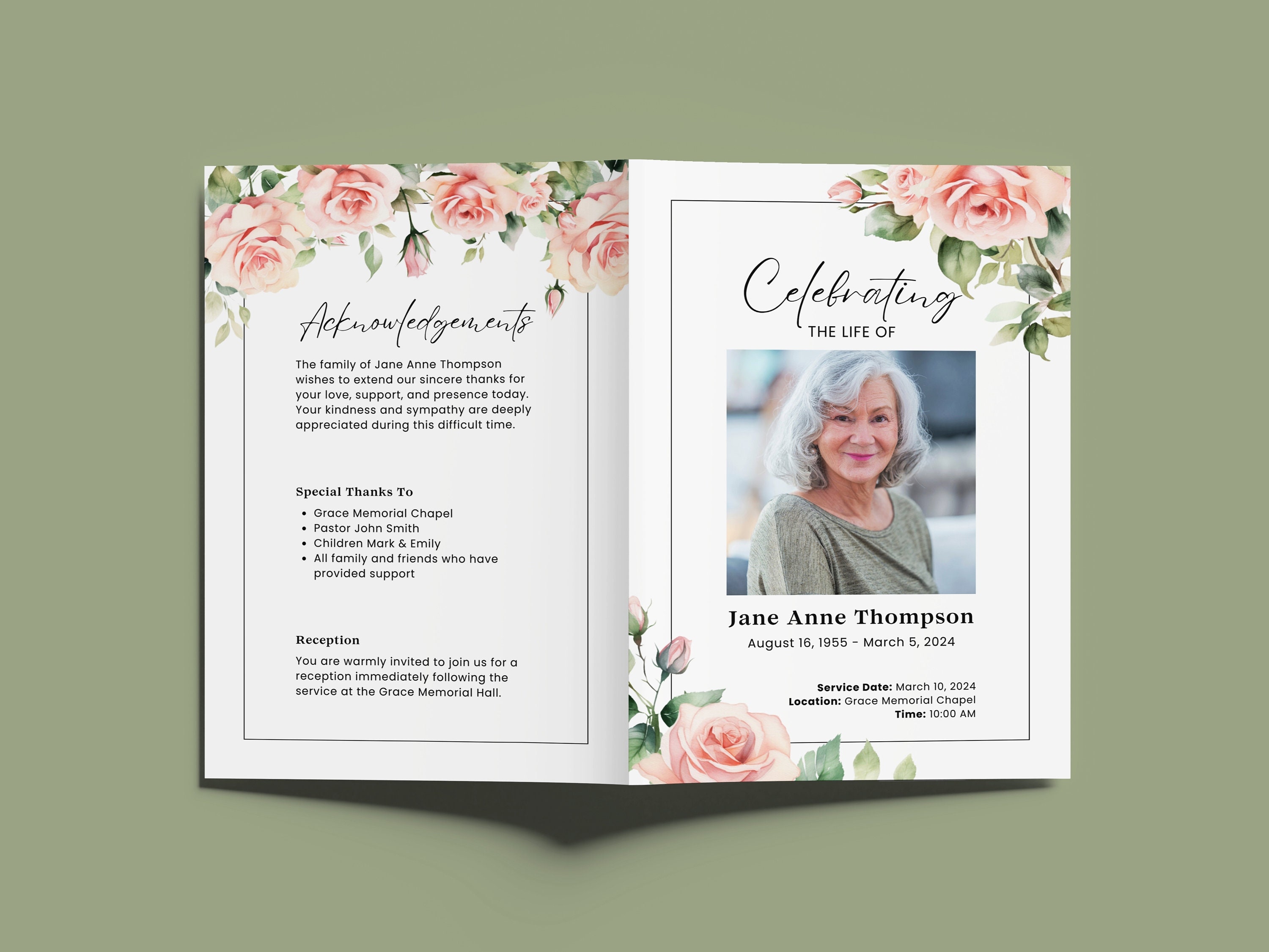 Editable Blush Floral Funeral Program Canva Template, Celebrating the ...